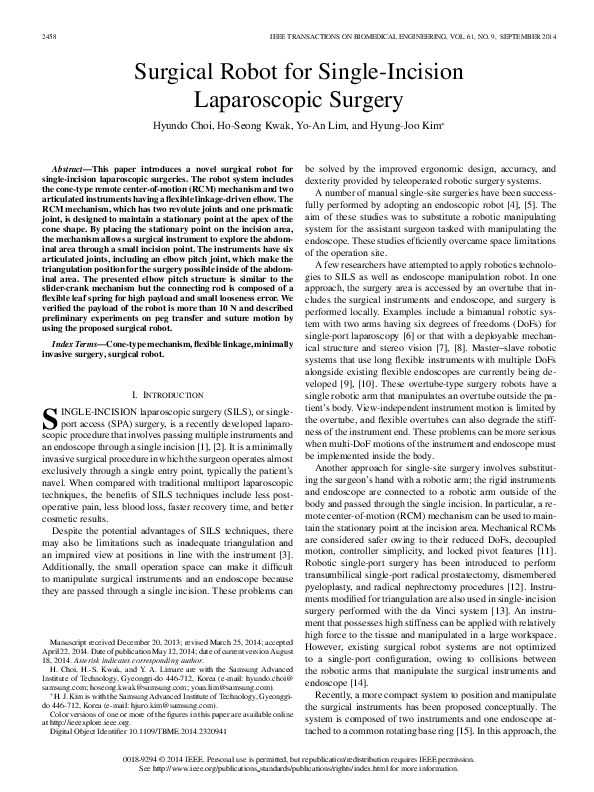 (PDF) Surgical robot for single-incision laparoscopic surgery | hyundo choi - Academia.edu