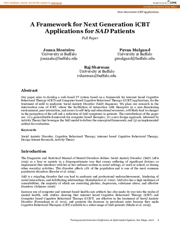 (PDF) A Framework for Next Generation Icbt Applications for SAD patients