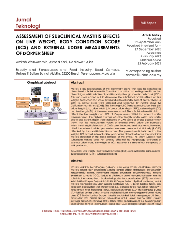 (PDF) Assessment of Subclinical Mastitis Effects on Live Weight, Body ...