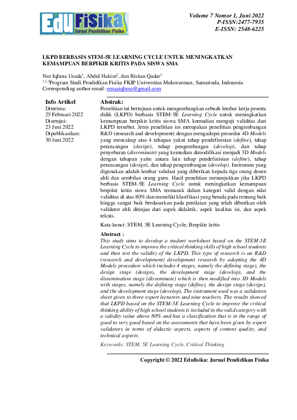 (PDF) LKPD Berbasis STEM-5E Learning Cycle Untuk Meningkatkan Kemampuan Berpikir Kritis Pada ...