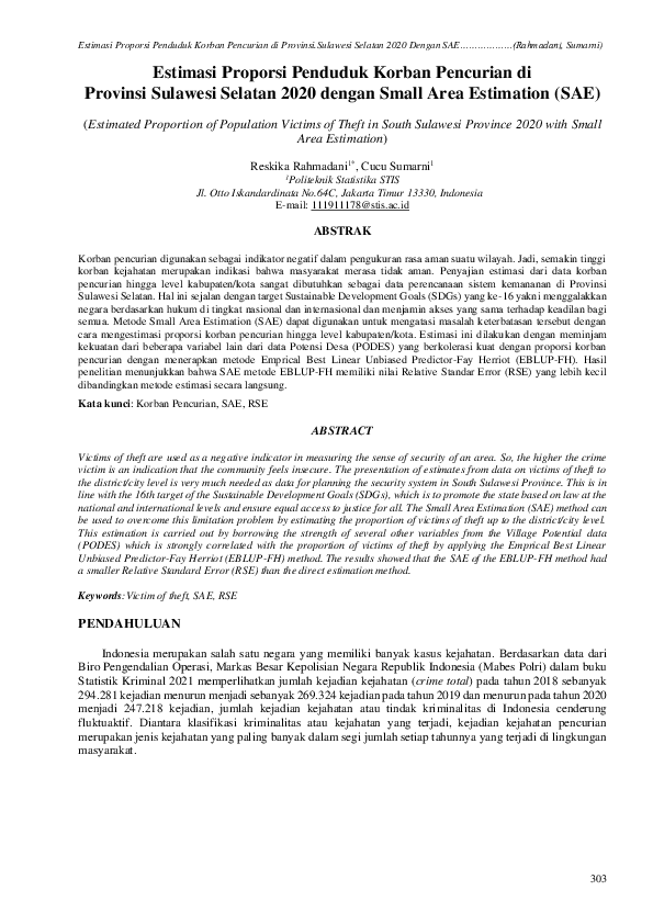 (PDF) Estimasi Proporsi Penduduk Korban Pencurian di Provinsi Sulawesi ... (PDF) Estimasi Proporsi Penduduk Korban Pencurian di Provinsi Sulawesi ...