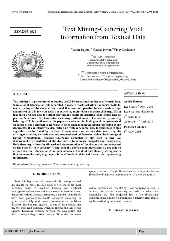 (PDF) Mining-Gathering Vital Information from Textual Data