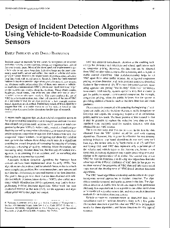 Pdf Design Of Incident Detection Algorithms Using Vehicle To Roadside