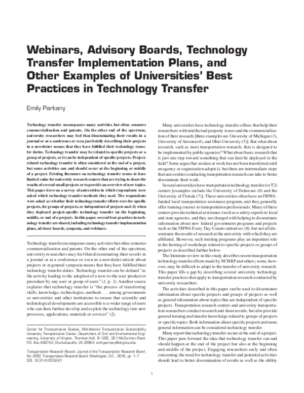 (PDF) Webinars, Advisory Boards, Technology Transfer Implementation ...