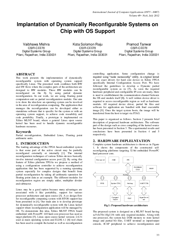 (PDF) Implementation of Dynamically Reconfigurable Systems on Chip with OS Support