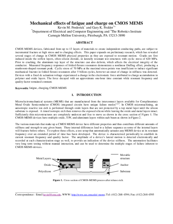 (PDF) Mechanical effects of fatigue and charge on CMOS MEMS