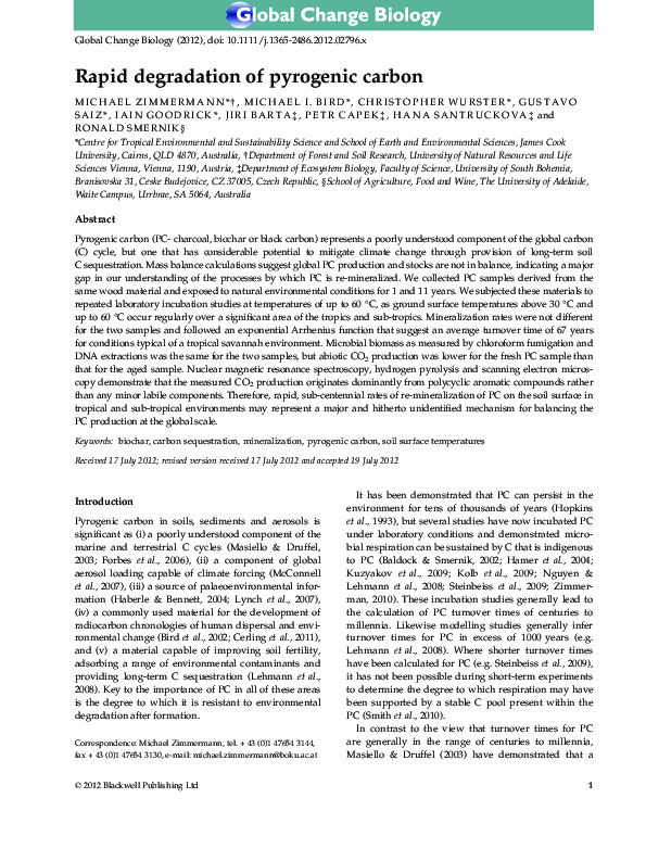 (PDF) Rapid degradation of pyrogenic carbon | Ronald Smernik - Academia.edu