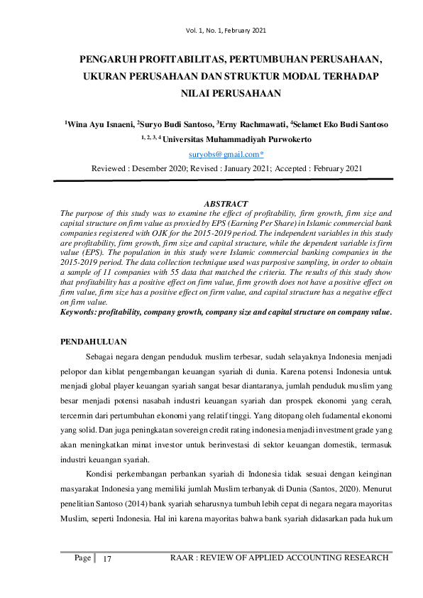 (PDF) Pengaruh Profitabilitas, Pertumbuhan Perusahaan, Ukuran Perusahaan Dan Struktur Modal ...