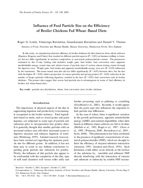 Pdf Influence Of Feed Particle Size On The Efficiency Of Broiler Chickens Fed Wheat Based Diets