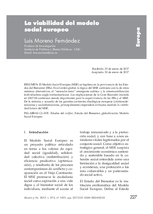 (PDF) La viabilidad del modelo social europeo
