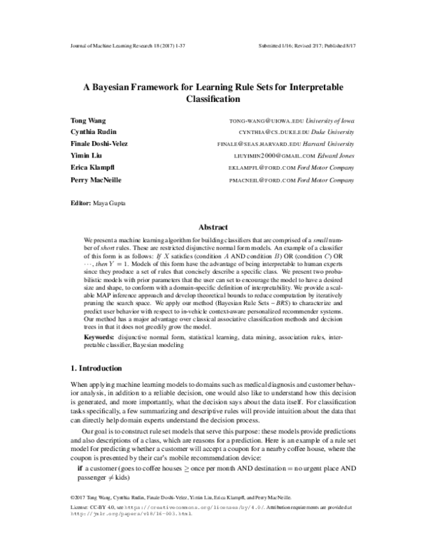 Pdf A Bayesian Framework For Learning Rule Sets For Interpretable