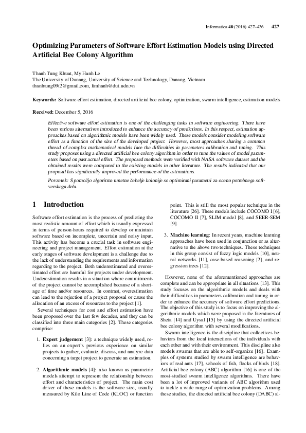 (PDF) Optimizing Parameters of Software Effort Estimation Models using Directed Artificial Bee ...