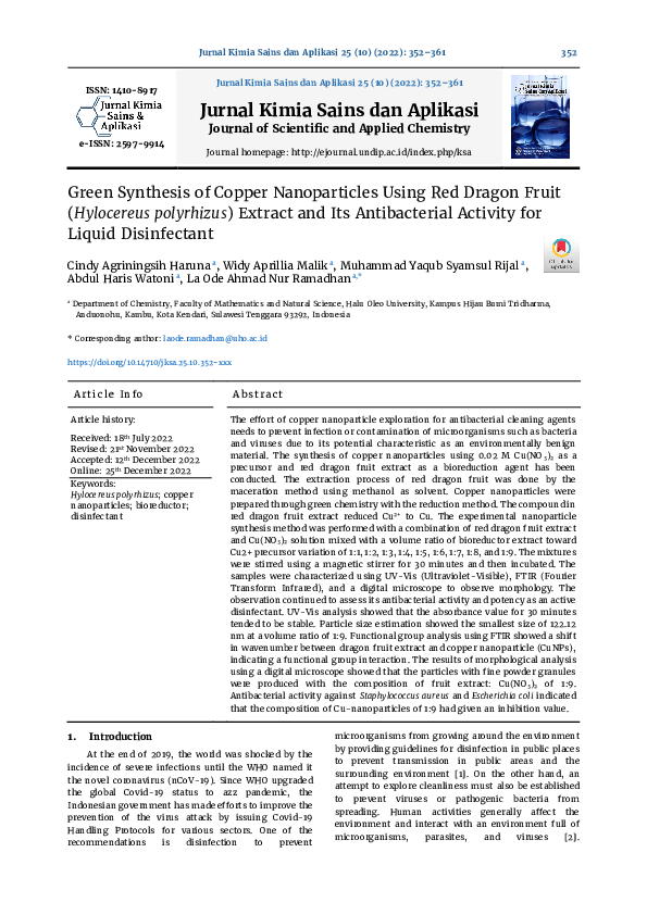 (PDF) Green Synthesis of Copper Nanoparticles Using Red Dragon Fruit (Hylocereus polyrhizus ...