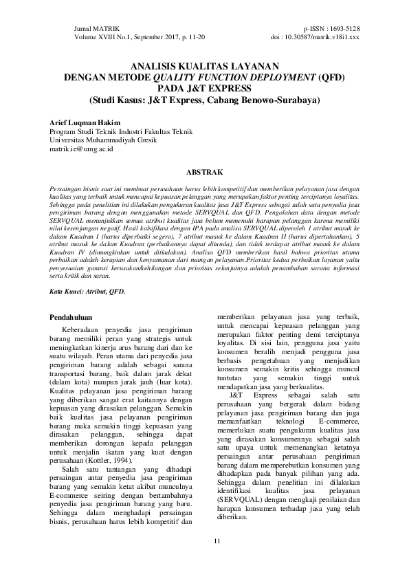 (PDF) Analisis Kualitas Layanan Dengan Metode Quality Function Deployment (QFD) Pada J&T Express