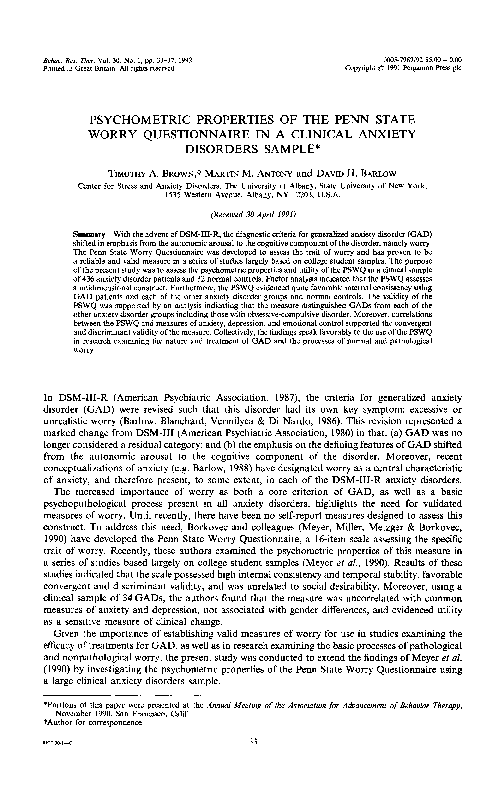 (PDF) Psychometric properties of the Penn state worry questionnaire in ...