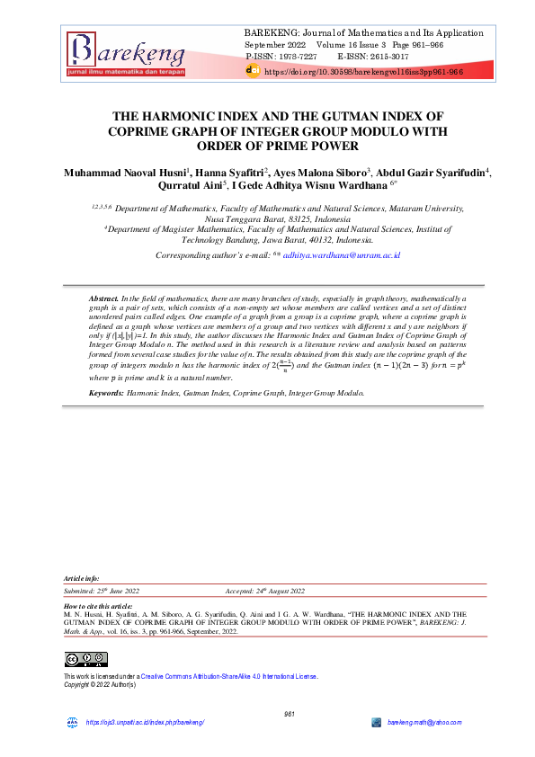 (PDF) The Harmonic Index and the Gutman Index of Coprime Graph of Integer Group Modulo with ...