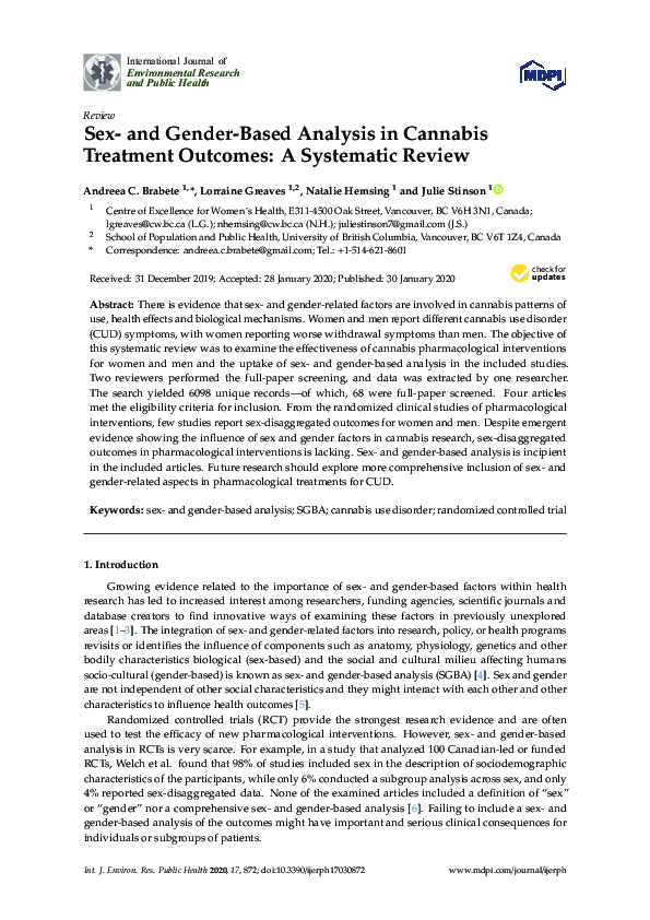 (PDF) Sex- and Gender-Based Analysis in Cannabis Treatment Outcomes: A ...