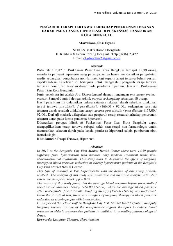 (PDF) Pengaruh Terapi Tertawa Terhadap Penurunan Tekanan Darah Pada ...
