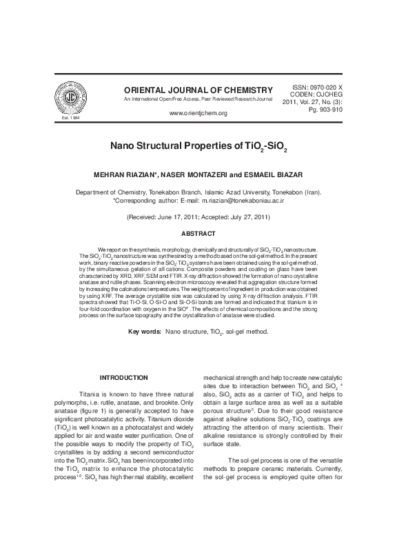 Pdf Nano Structural Properties Of Tio2 Sio2 7039