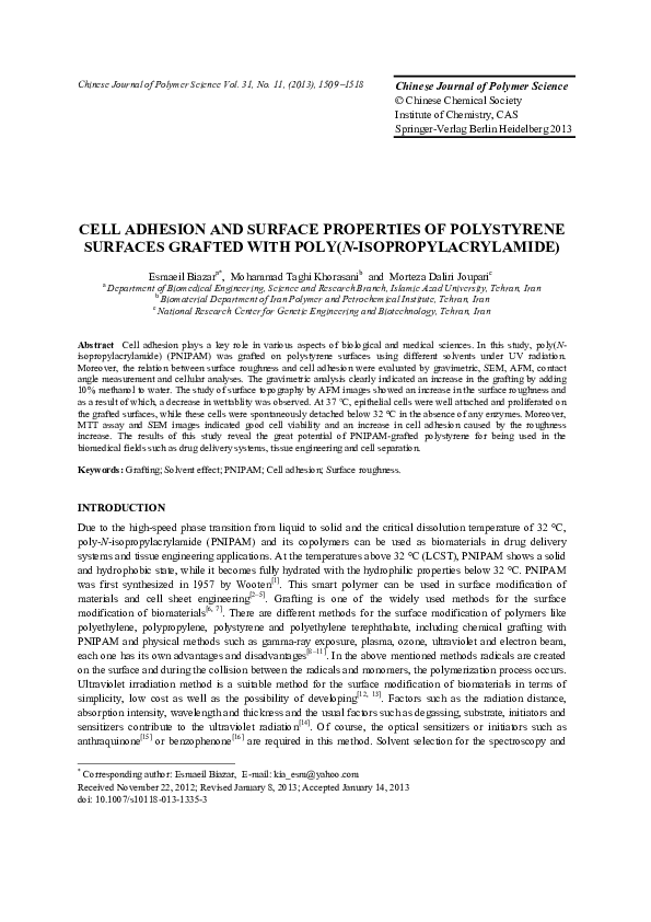Pdf Cell Adhesion And Surface Properties Of Polystyrene Surfaces