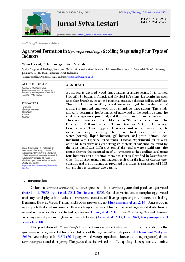 (PDF) Agarwood Formation in Gyrinops versteegii Seedling Stage using ...