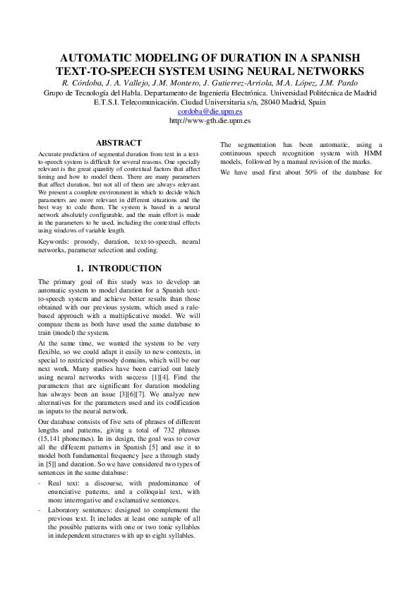 (PDF) Automatic modeling of duration in a Spanish text-to-speech system using neural networks