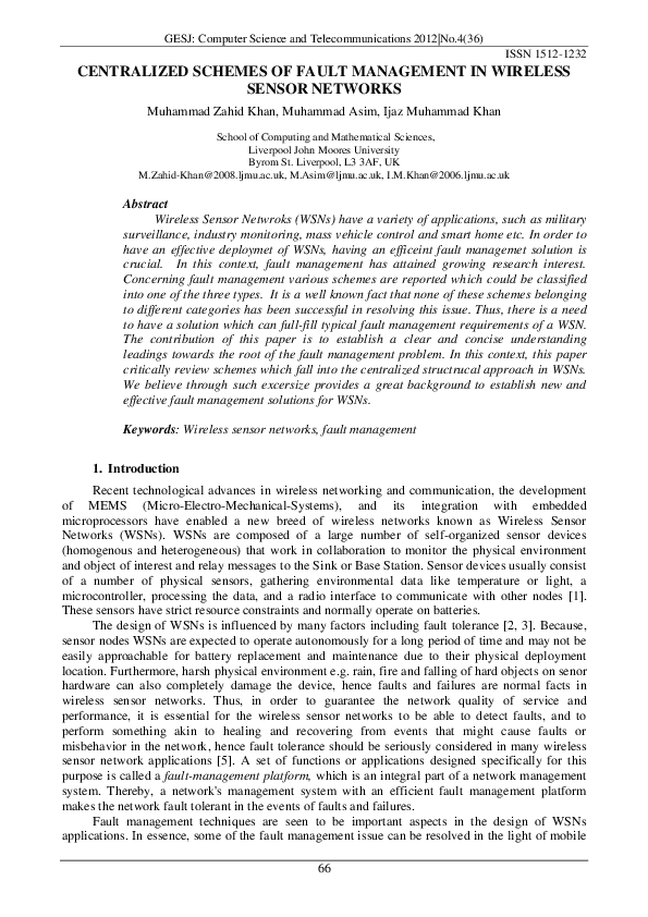 (PDF) Centralized Schemes of Fault Management in Wireless Sensor Networks