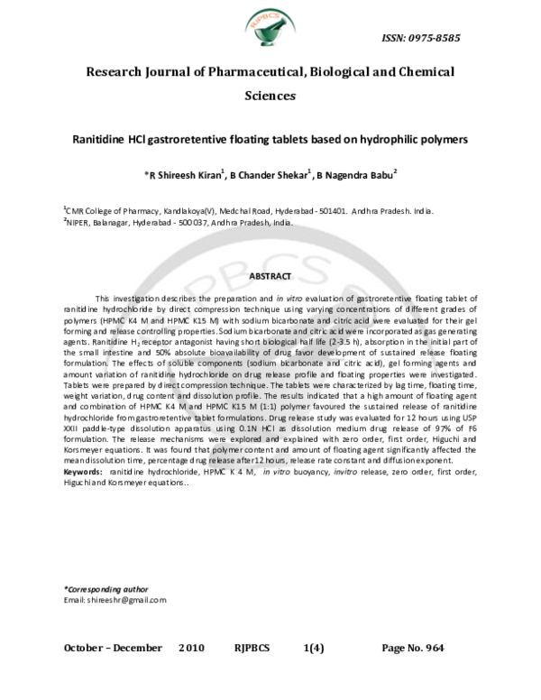 Pdf Ranitidine Hcl Gastroretentive Floating Tablets Based On Hydrophilic Polymers Bathini