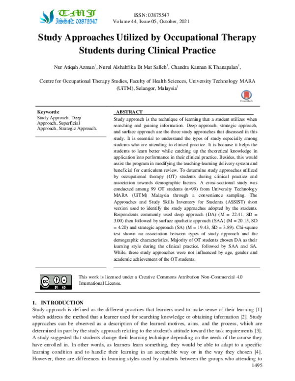 (PDF) Study Approaches Utilized by Occupational Therapy Students during ...