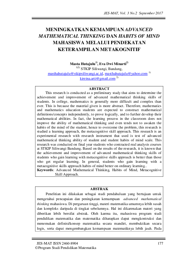 (PDF) Meningkatkan Kemampuan Advanced Mathematical Thinking Dan Habits of Mind Mahasiswa Melalui ...
