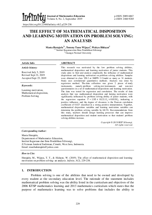 Pdf The Effect Of Mathematical Disposition And Learning Motivation On Problem Solving An Analysis