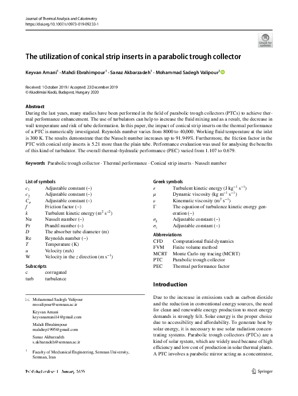 (PDF) The utilization of conical strip inserts in a parabolic trough ...