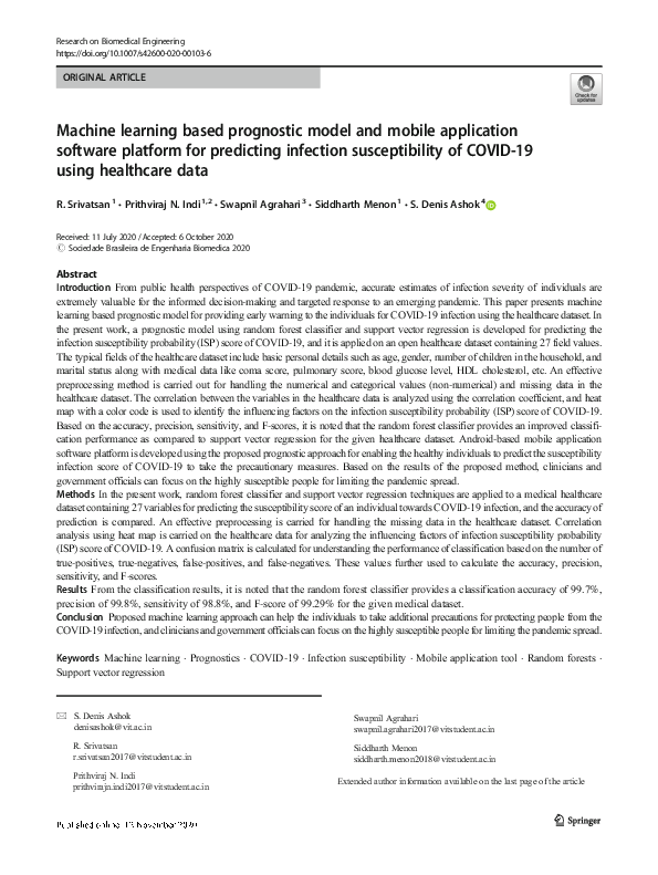 (PDF) Machine learning based prognostic model and mobile application software platform for ...