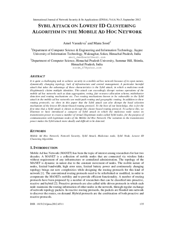 Pdf Sybil Attack On Lowest Id Clustering Algorithm In The Mobile Ad Hoc Network