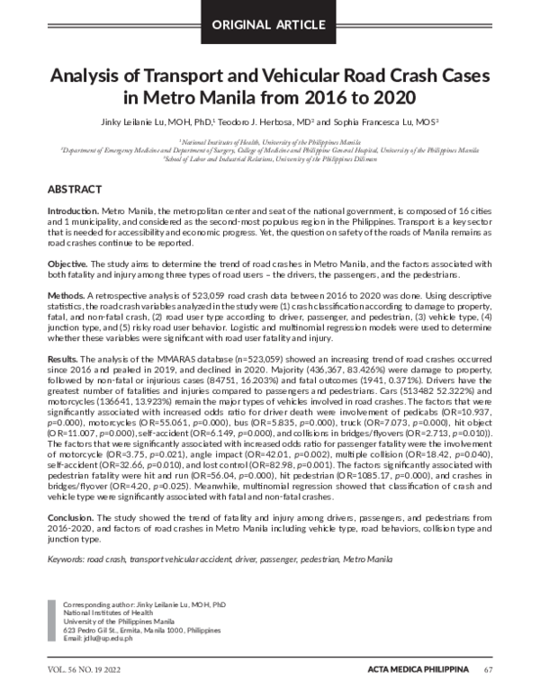 (PDF) Analysis of Transport and Vehicular Road Crash Cases in Metro ...