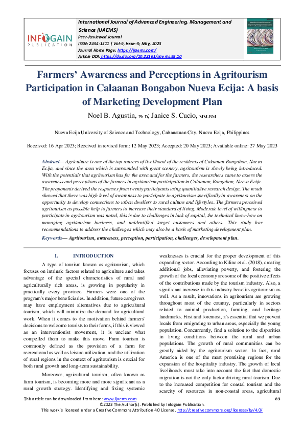 (PDF) Farmers' Awareness and Perceptions in Agritourism Participation in Calaanan Bongabon Nueva ...
