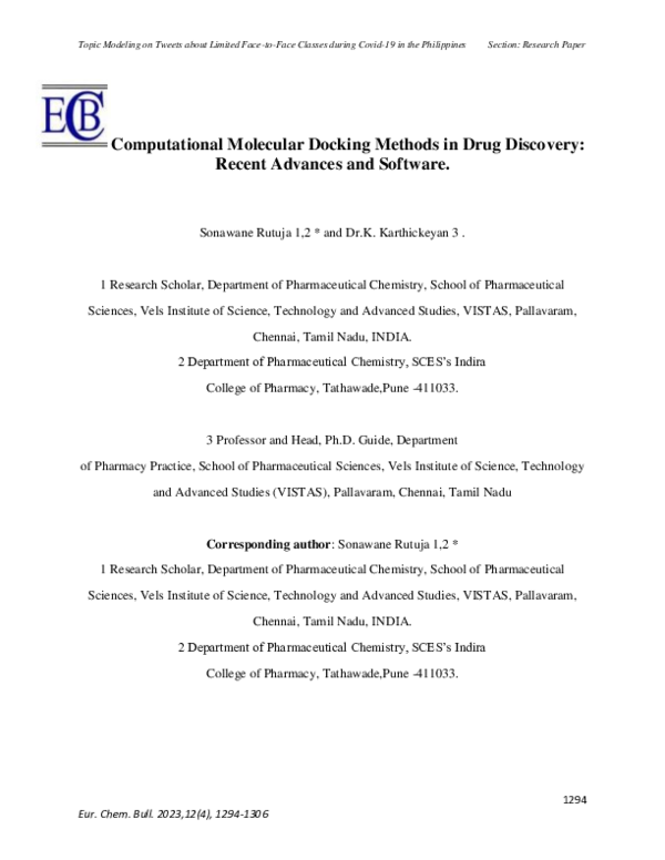 (PDF) Computational Molecular Docking Methods in Drug Discovery: Recent Advances and Software