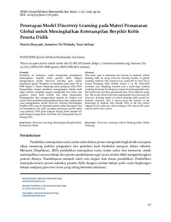 (PDF) Penerapan Model Discovery Learning pada Materi Pemanasan Global untuk Meningkatkan ...