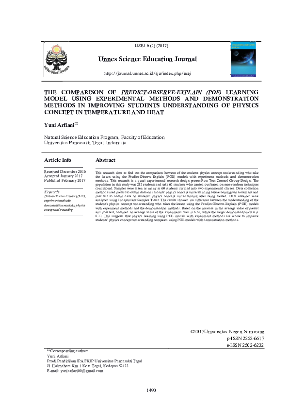 The Comparison of Predict-Observe-Explain (Poe) Learning Model Using Experimental Methods and ...