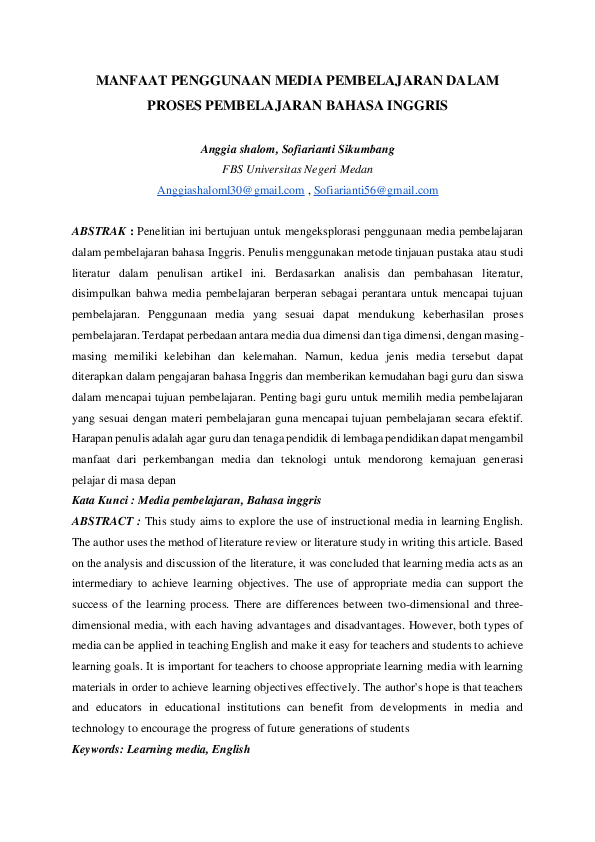 (PDF) MANFAAT PENGGUNAAN MEDIA PEMBELAJARAN DALAM PROSES PEMBELAJARAN BAHASA INGGRIS