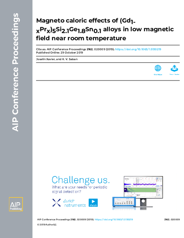 (PDF) Magneto caloric effects of (Gd1-xPrx)5Si2.1Ge1.8Sn0.1 alloys in low magnetic field near ...