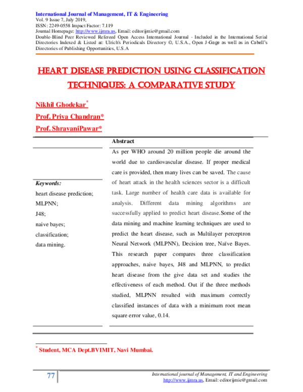 (PDF) Heart Disease Prediction using Classification Techniques: A Comparative Study