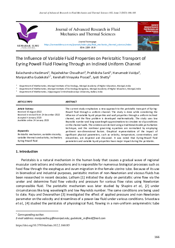 (PDF) The Influence of Variable Fluid Properties on Peristaltic ...