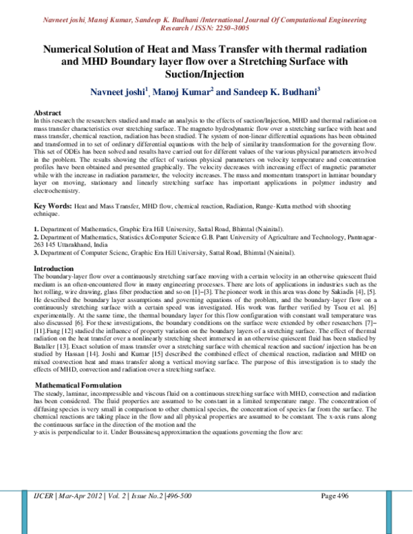 Pdf Numerical Solution Of Heat And Mass Transfer With Thermal Radiation And Mhd Boundary Layer