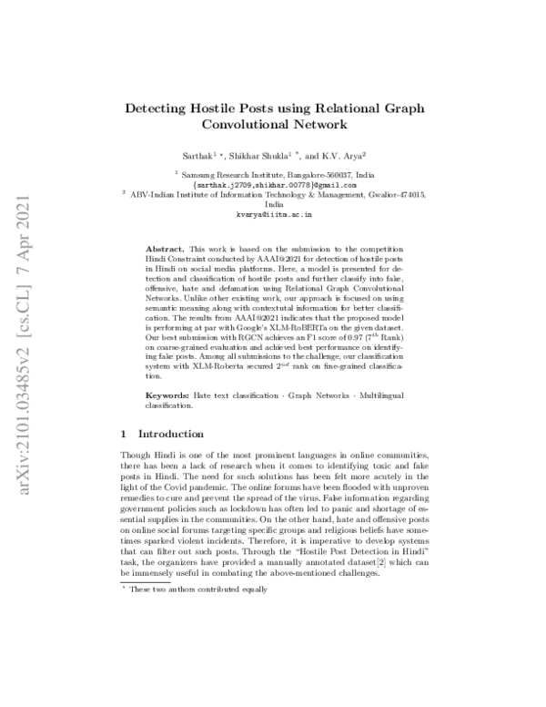 Pdf Detecting Hostile Posts Using Relational Graph Convolutional Network