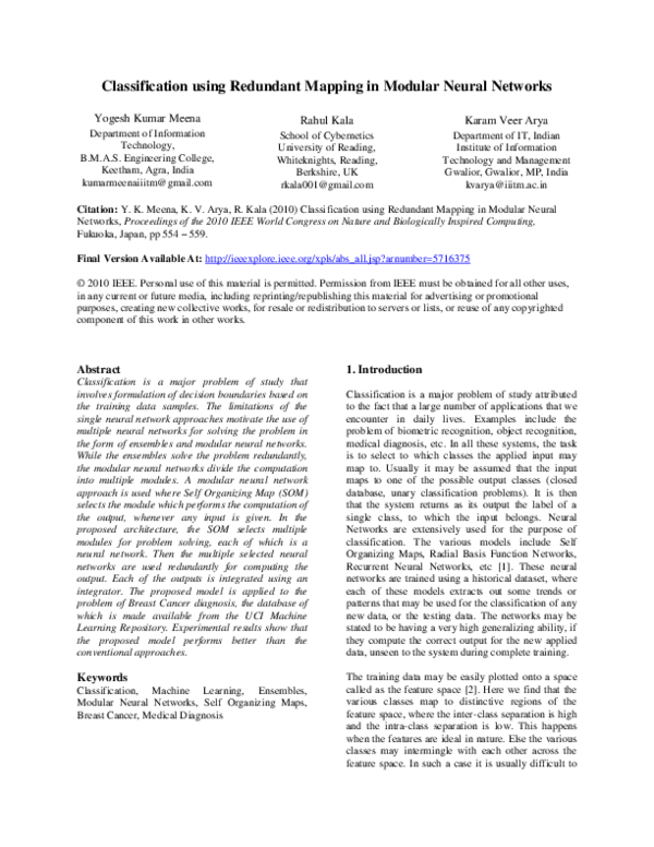 Pdf Classification Using Redundant Mapping In Modular Neural Networks