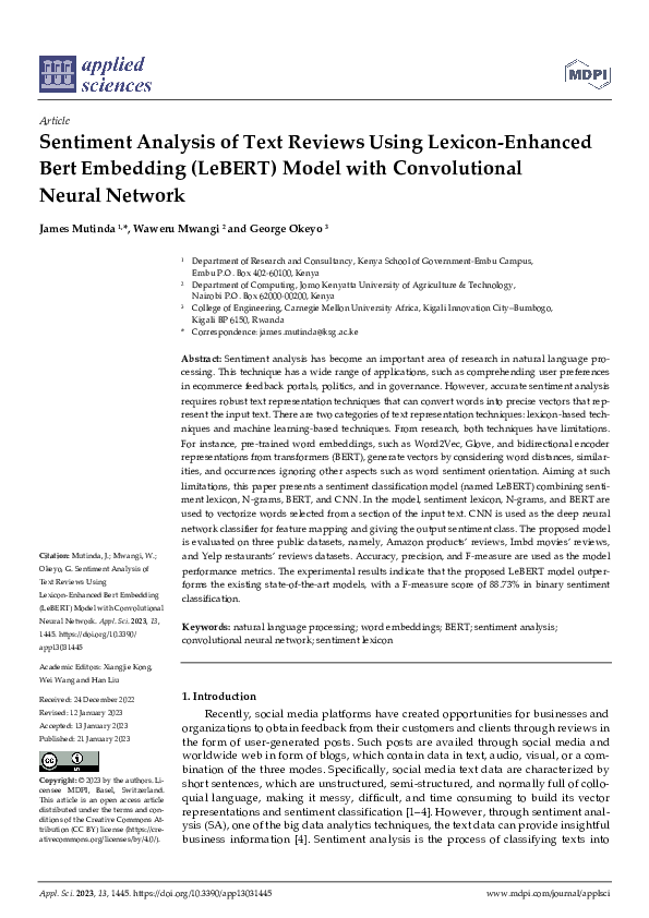 Pdf Sentiment Analysis Of Text Reviews Using Lexicon Enhanced Bert Embedding Lebert Model