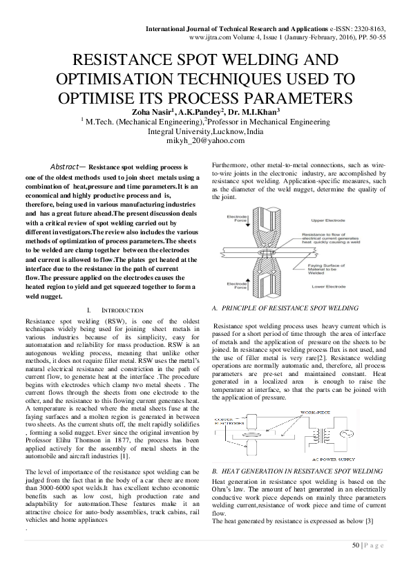 (PDF) Resistance Spot Welding and Optimisation Techniques Used to Optimise Its Process Parameters