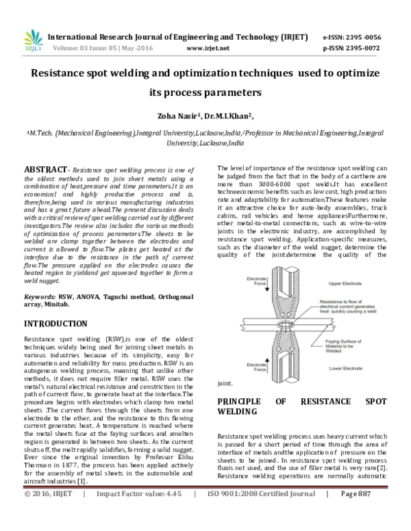 (PDF) Resistance spot welding and optimization techniques used to optimize its process parameters