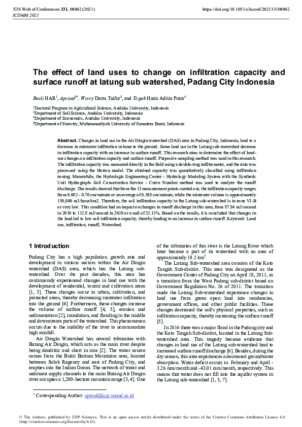 (PDF) The effect of land uses to change on infiltration capacity and surface runoff at latung ...